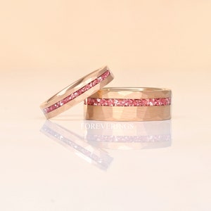 Rose Gold MORGANITE Ring Mens Hammered Tungsten Band, Offset Crushed ...