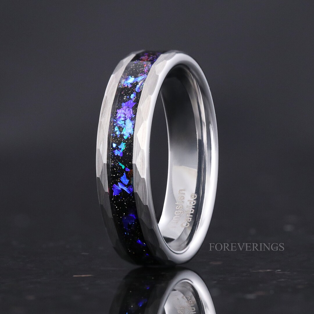 Orion Nebula Ring Hammered Wedding Band, 8mm-6mm Silver Tungsten Ring ...