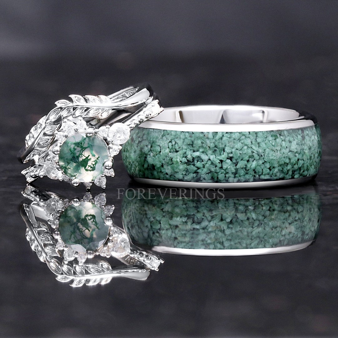 Green Moss Agate Ring Set His and Hers Wedding Band Tungsten - Etsy