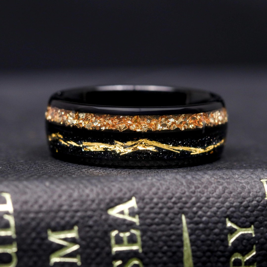 Citrine Men's Ring, Black & Gold Wedding Band, 8mm Black Tungsten Ring ...