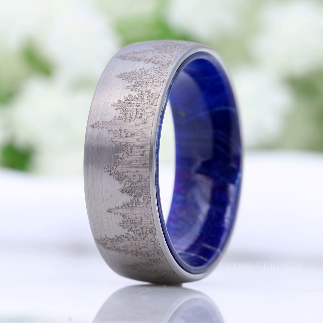 Men Silver Forest Band With Blue Wood, Men Tungsten Wedding Band, Pine ...
