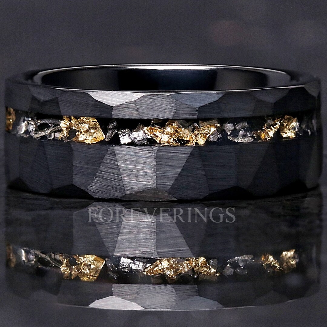 Meteorite Gold Leaf Ring, Mens Wedding Band, Brushed Black Hammered ...