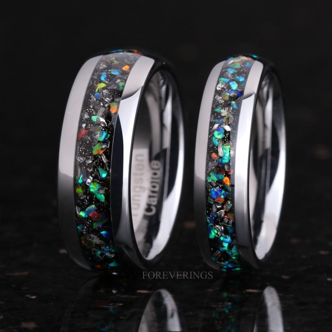 Mens Meteorite Galaxy Opal Ring, Silver Tungsten Ring, 8mm 6mm Mens ...