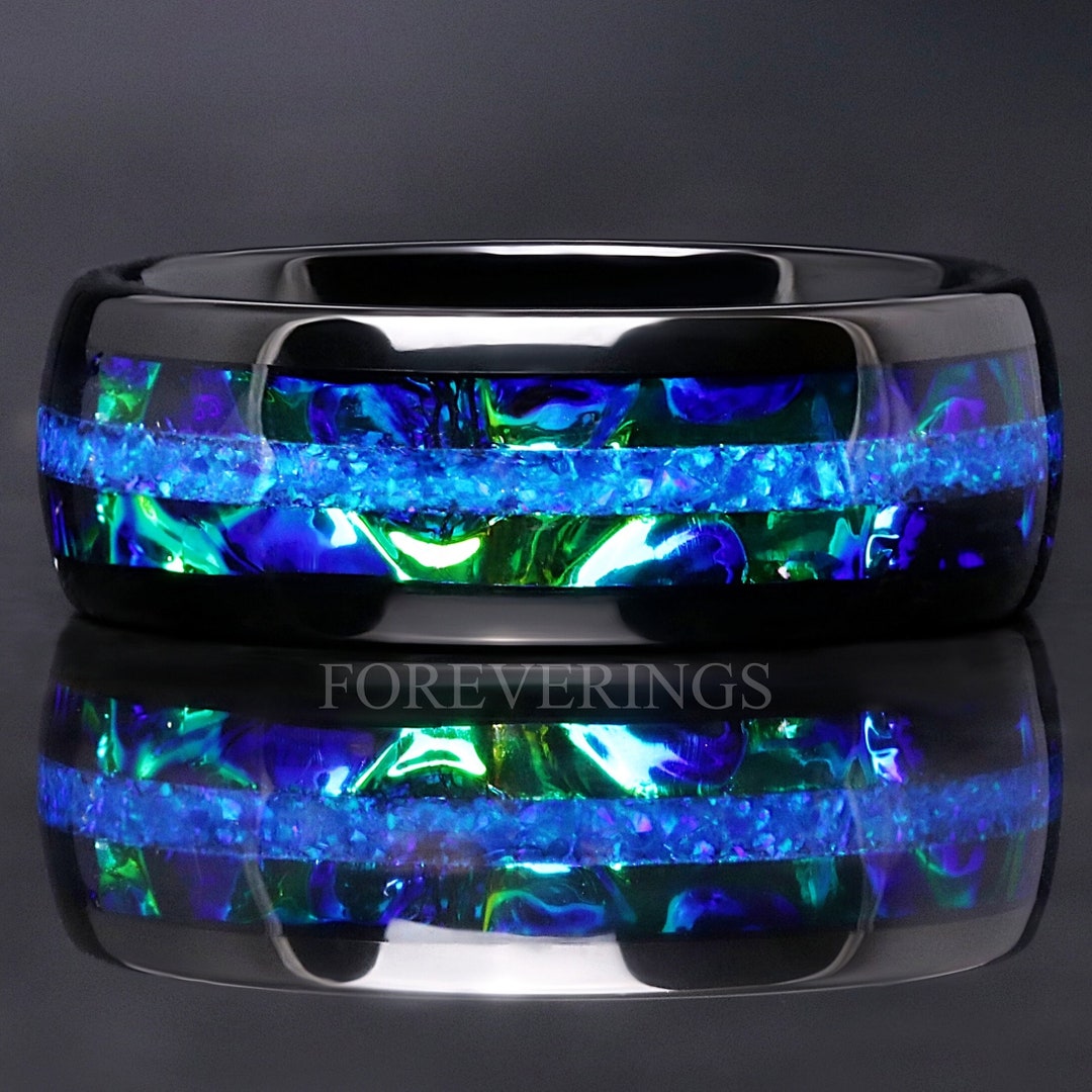 Azure Blue Fire Opal Tungsten Wedding Band, Man Nebula Ring, Blue Space ...