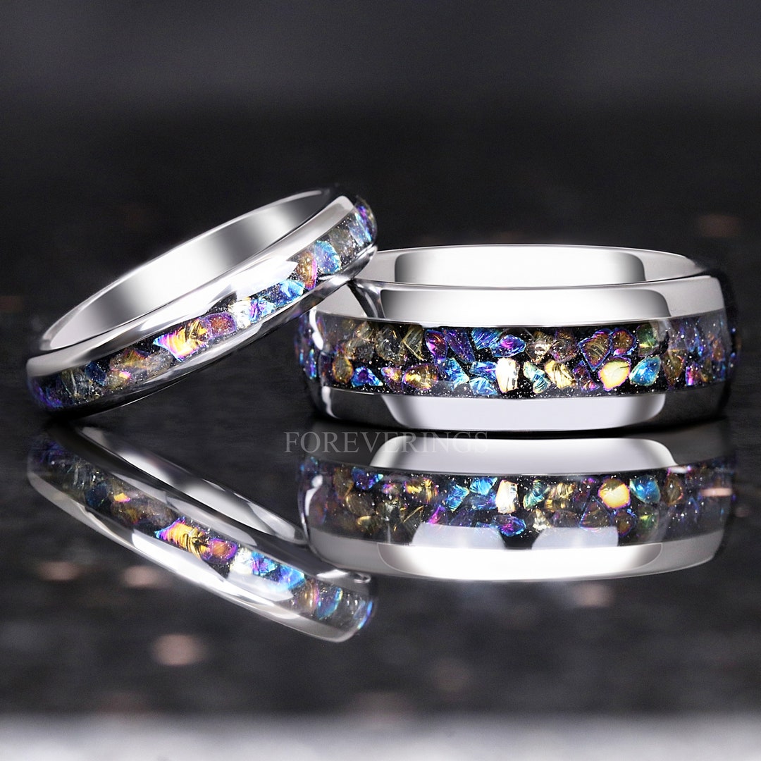Moonstone Wedding Ring Set, His and Her Veil Nebula Band, Galaxy Ring ...