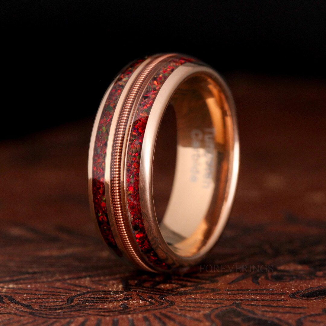 Mens Fire Opal Tungsten Ring - Rose Gold Wedding Band With Guitar ...