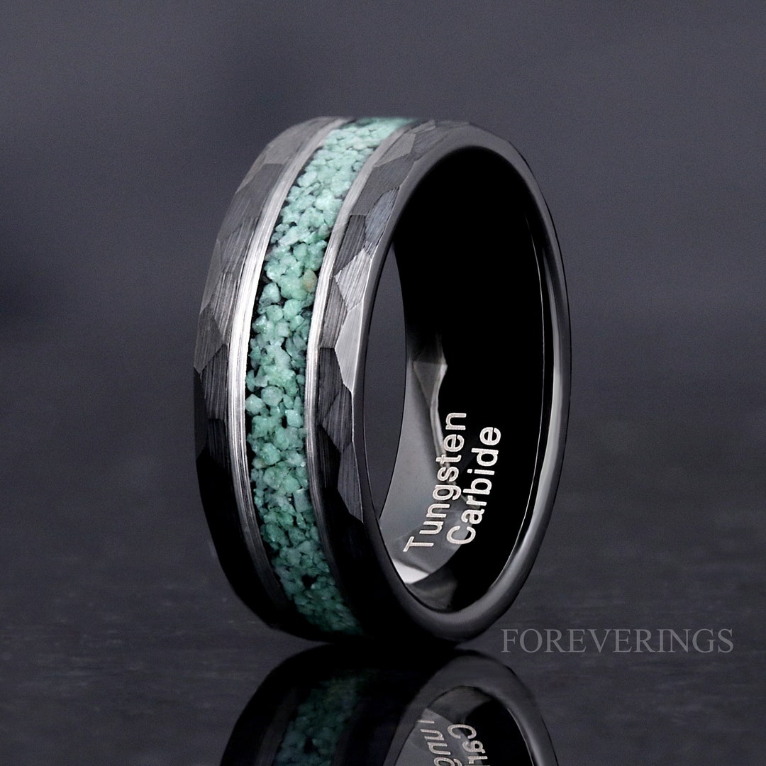 Hammered Green Moss Agate Ring, Mens Wedding Band, 8mm 6mm Tungsten ...