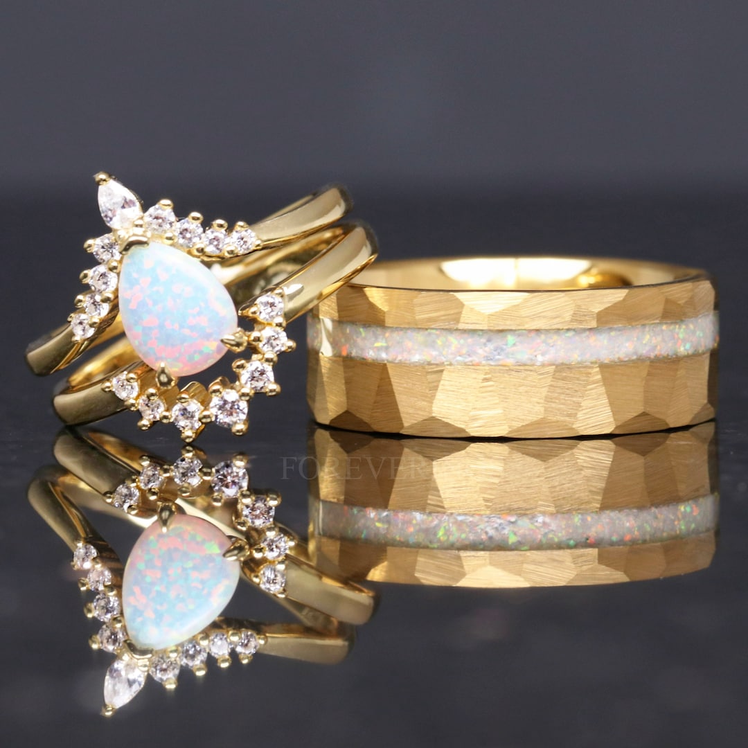 His Her White Fire Opal Ring Set, Matching Opal Rings, Sterling Silver ...