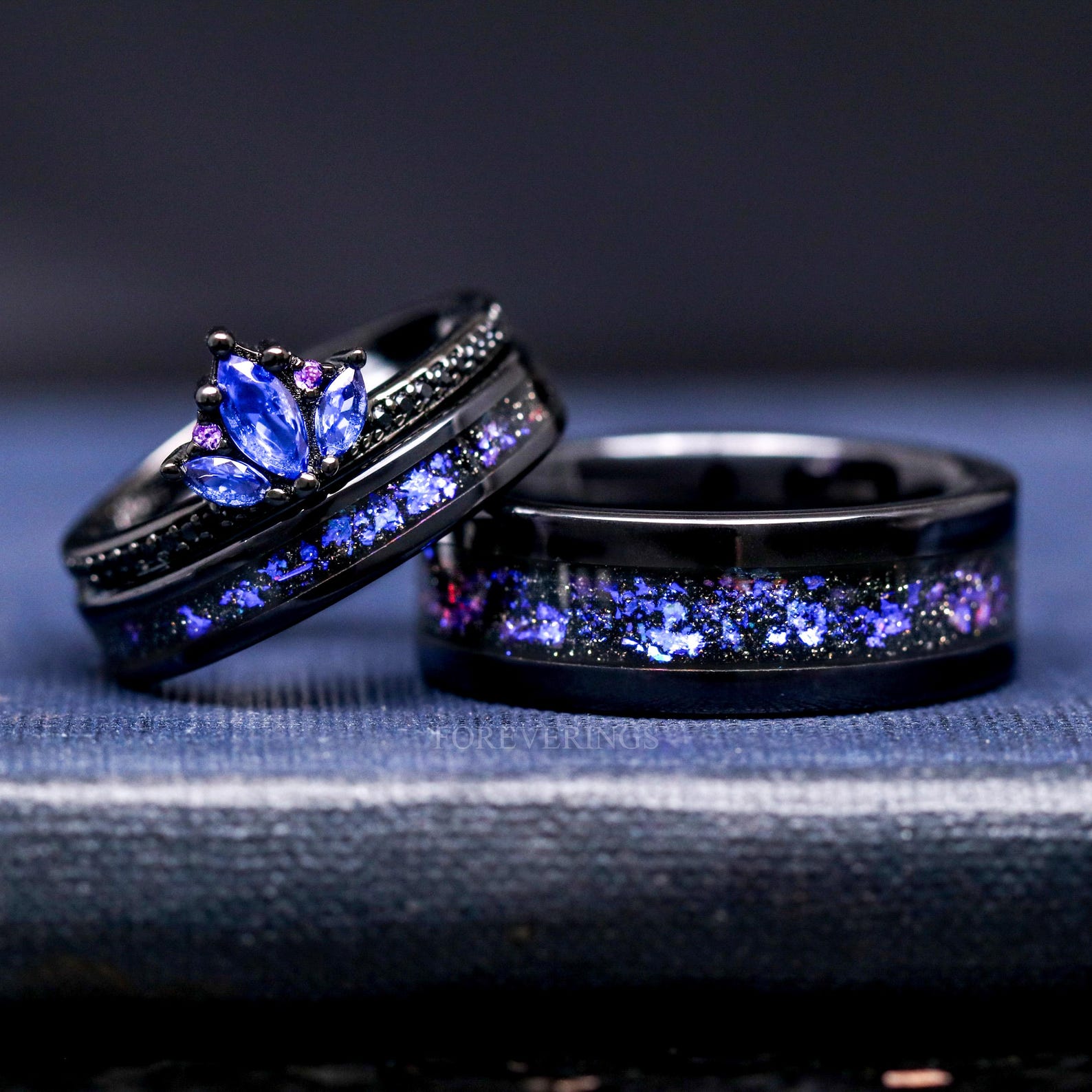 Blue Lotus Orion Nebula Engagement Ring Set – Unique Space Wedding Band ...