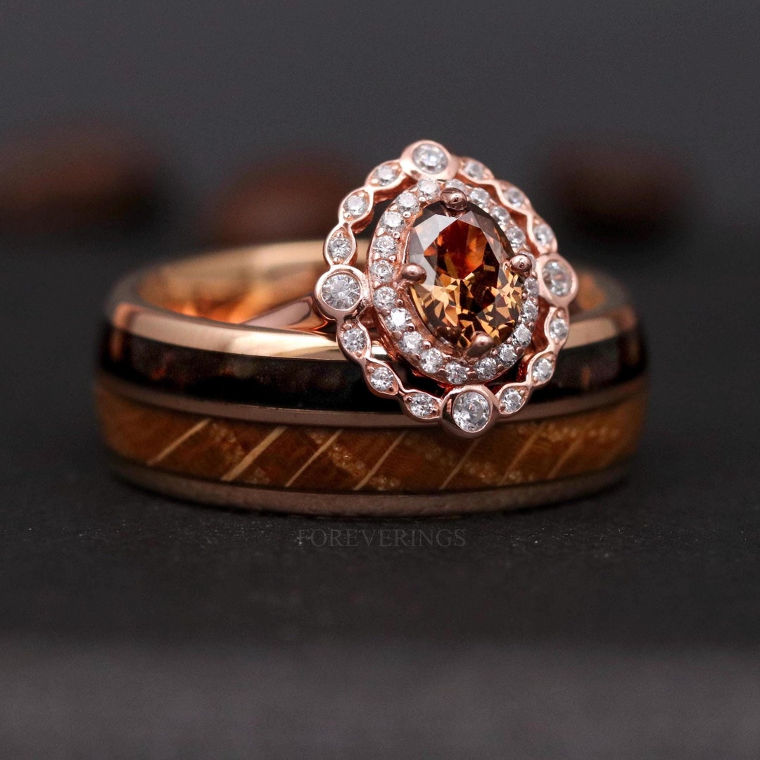 Coffee and Whiskey Engagement Ring Set, His and Her Rose Gold Wedding ...