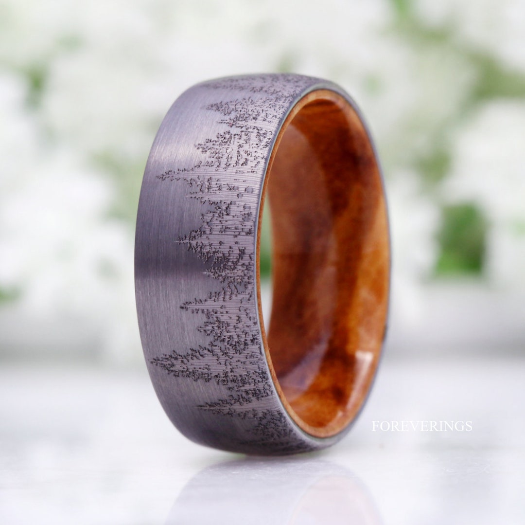 Men Forest Tree Ring With Olive Wood, Silver Tungsten Wedding Band ...