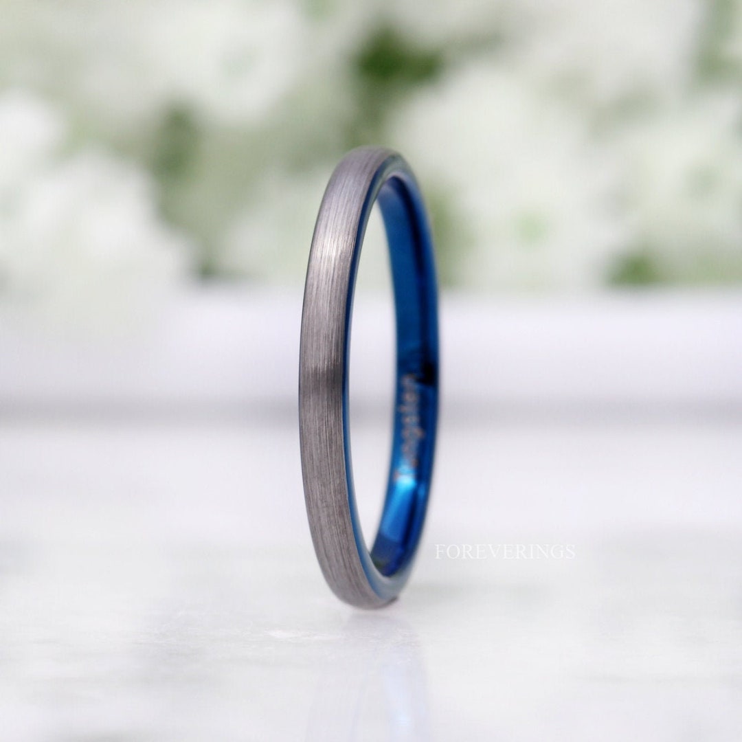 Blue Wedding Band Women Men, 2mm Tungsten Ring, Blue Two Tone Band ...