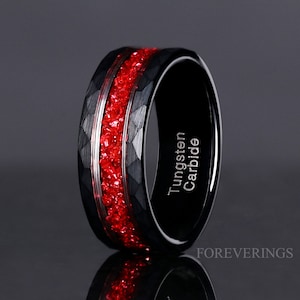 Ruby Red and Black Hammered Mens Ring, 8mm Tungsten Wedding Band ...