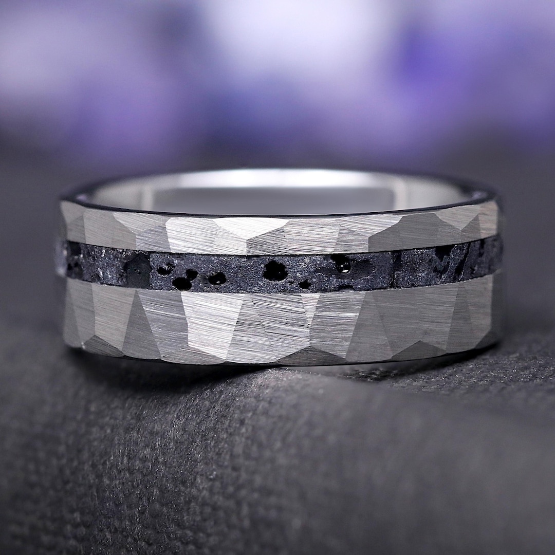Lava Rock Ring for Men, Volcanic Stone & Silver Tungsten Band, 8mm ...