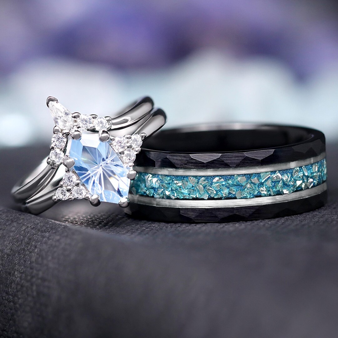 Spire Aquamarine Engagement Ring Set, His and Her Wedding Band Set ...