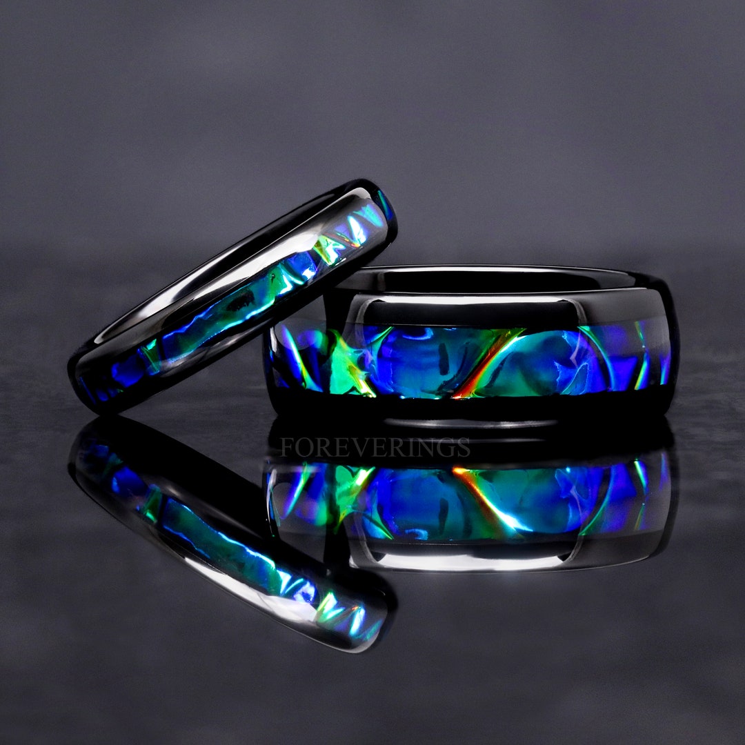 Azure His and Her Tungsten Ring Set, Couple Wedding Band, 8mm 4mm Black ...