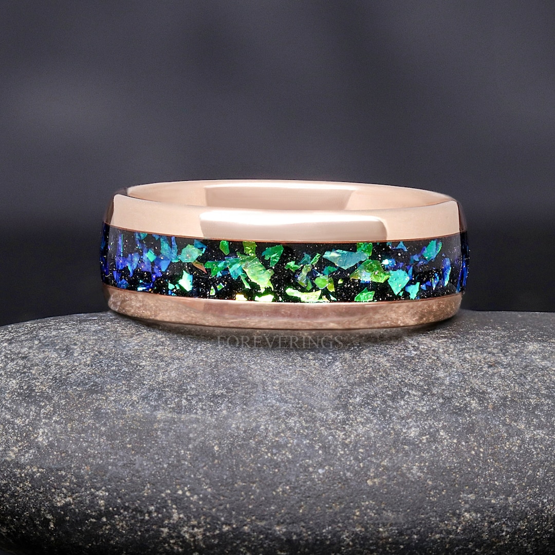 Rosette Nebula Man Rose Gold Wedding Band, Tungsten Band, Green Space ...