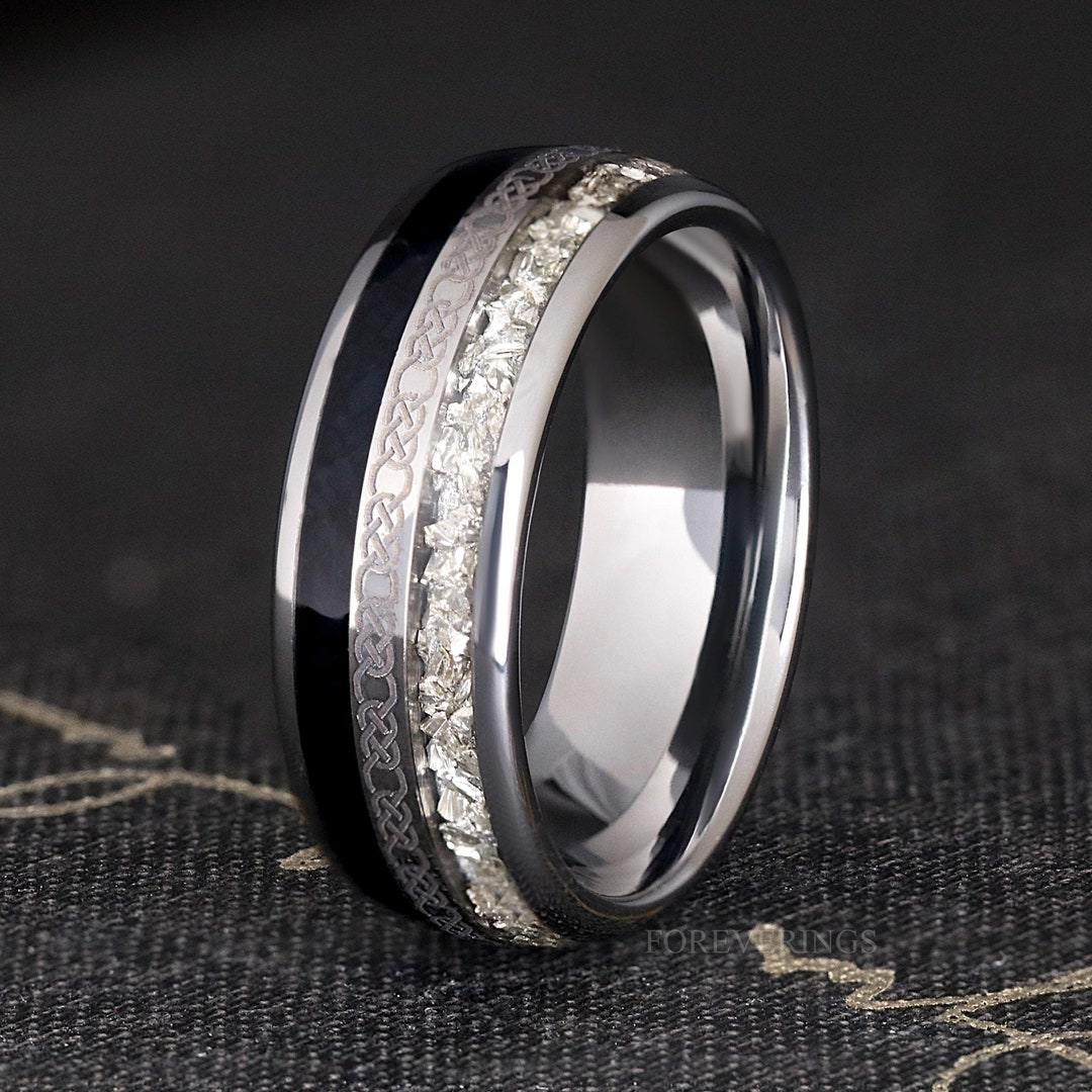 Black Diamond Ring Men, Celtic Wedding Band, Silver Tungsten, 8mm Men ...