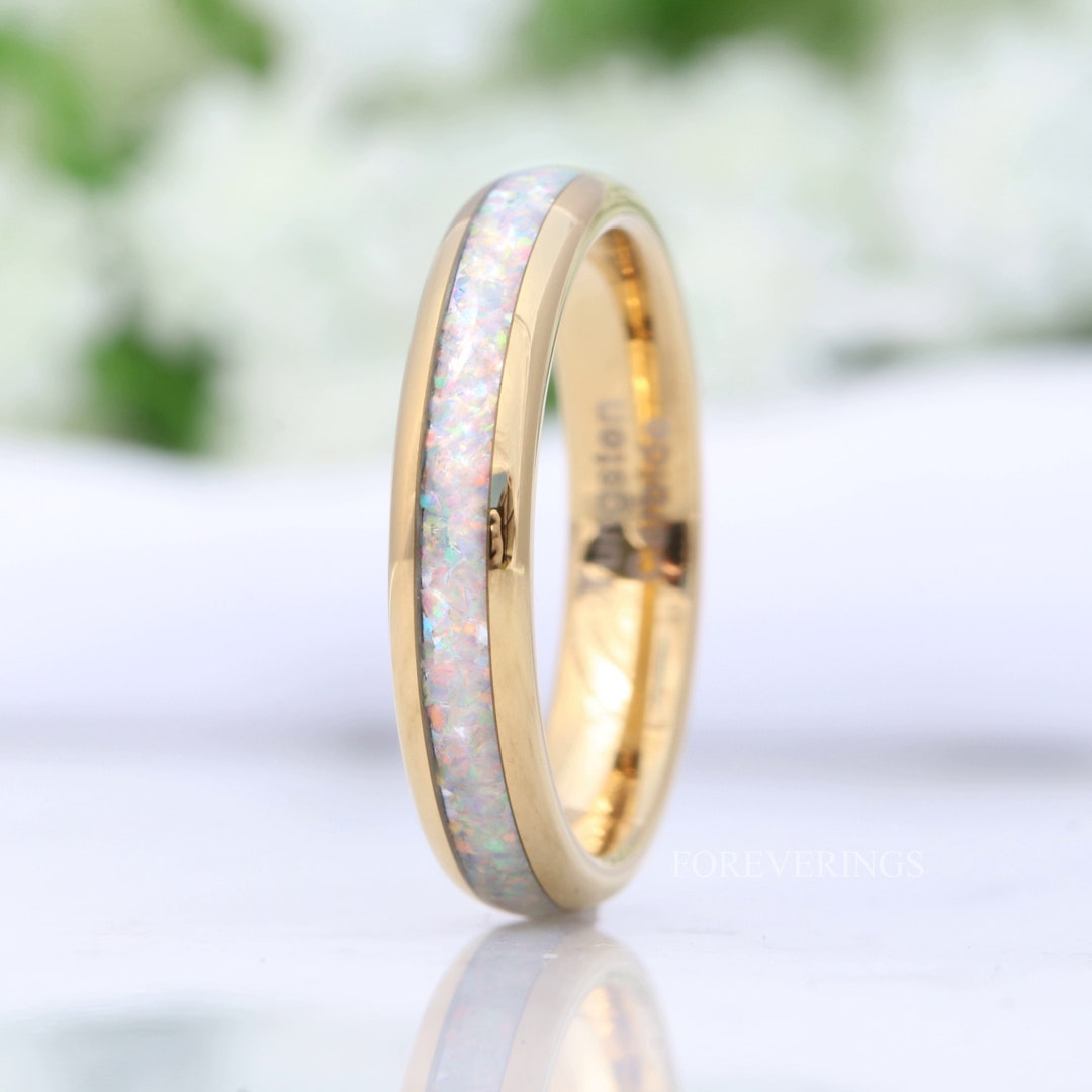 Crushed White Fire Opal Band, Gold Tungsten Wedding Ring, Yellow Gold ...