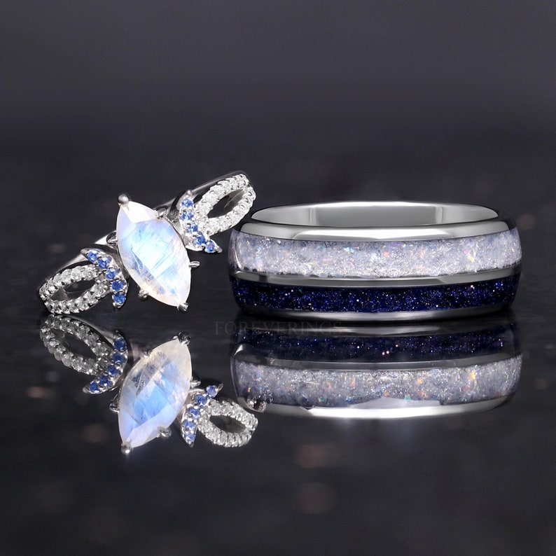 Lunara Moonstone Ring Set, His and Her Wedding Ring, Unique Couples ...