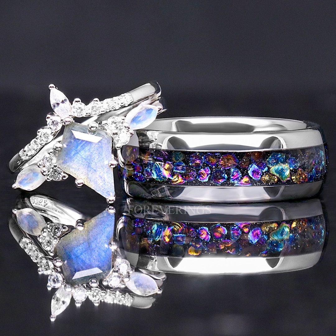 Natural Labradorite Galaxy Ring Set, His Her Moonstone Wedding Band ...