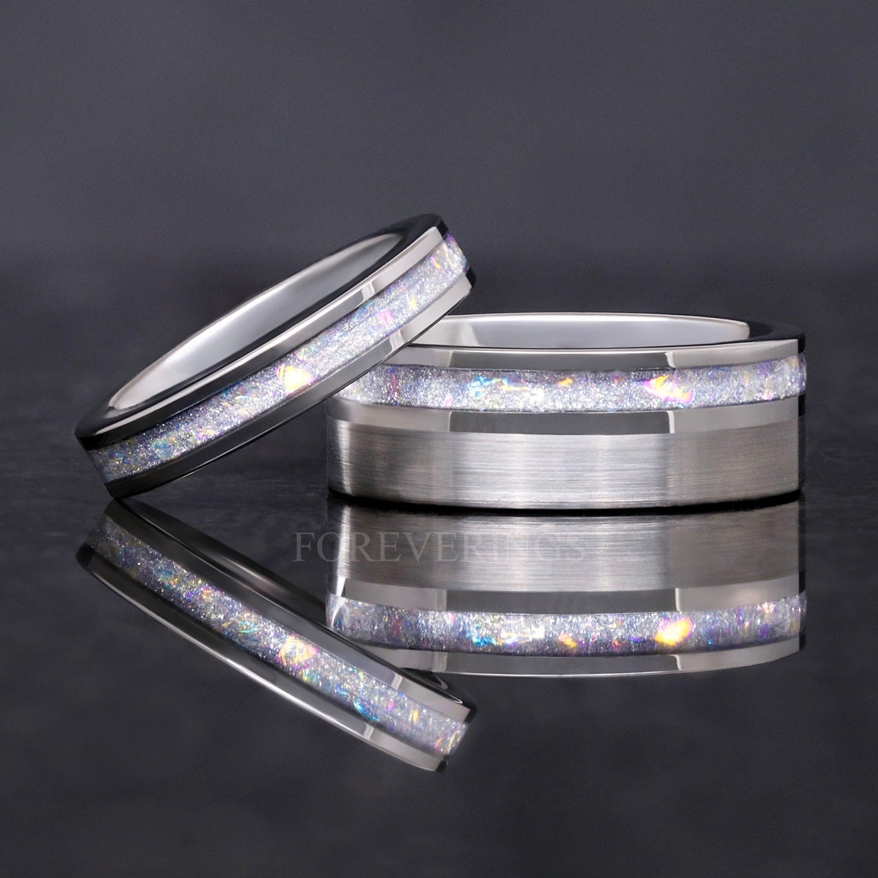 His and Her Moonstone Ring Set, Silver Tungsten Wedding Band, 8mm & 4mm ...