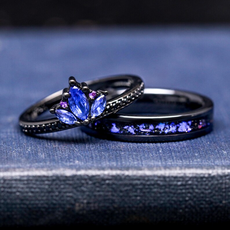 Blue Lotus Orion Nebula Engagement Ring Set – Unique Space Wedding Band ...