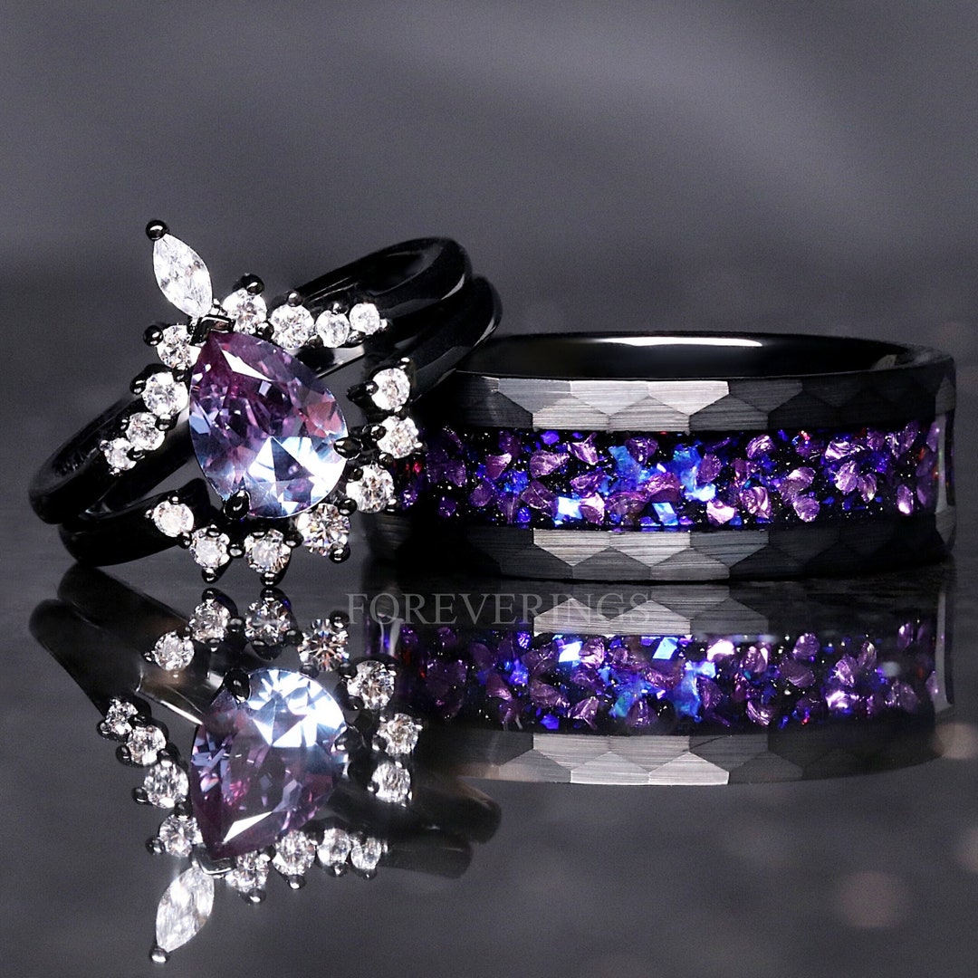 Alexandrite Ring Set, Crab Nebula, His and Her Wedding Bands, Black ...