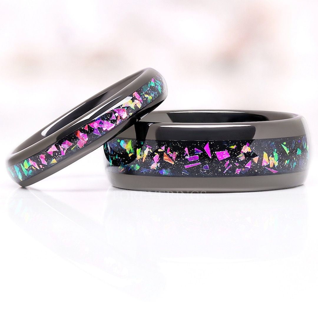 Cass Supernova Black Nebula Ring Set, His and Her Tungsten Wedding Band ...