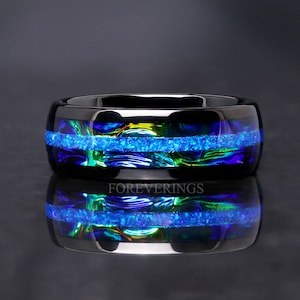 Azure Blue Fire Opal Tungsten Wedding Band, Man Nebula Ring, Blue Space ...