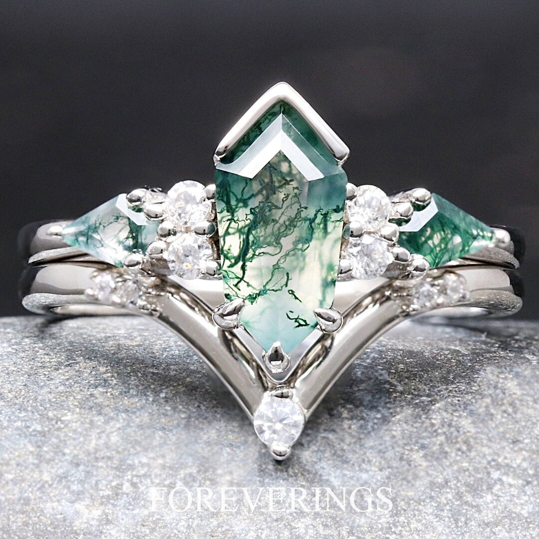 Green Moss Agate Ring Set, Alternative Engagement Ring, Kite Coffin ...