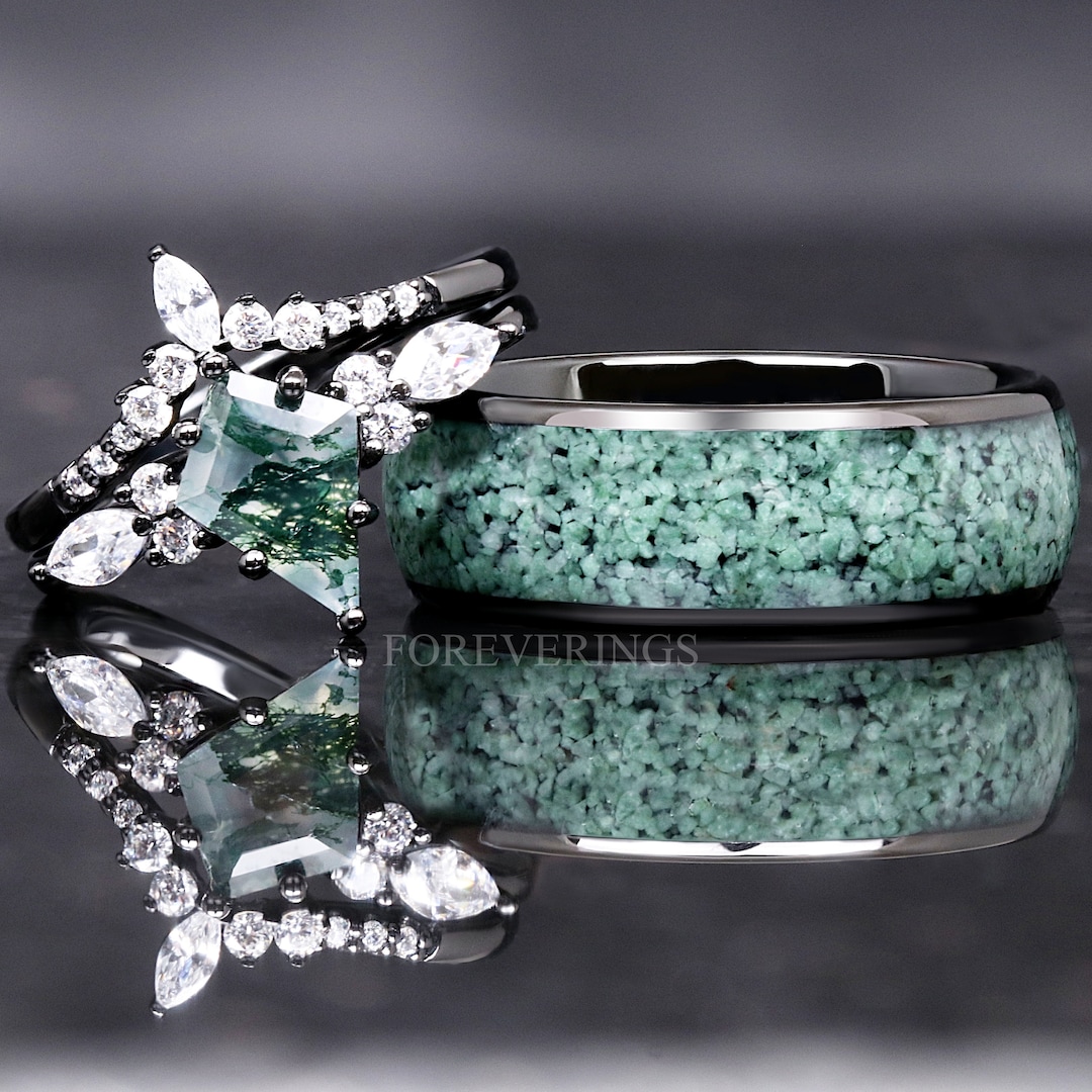 Green Moss Agate Ring Set, His and Hers Wedding Band, Black Ring Set ...