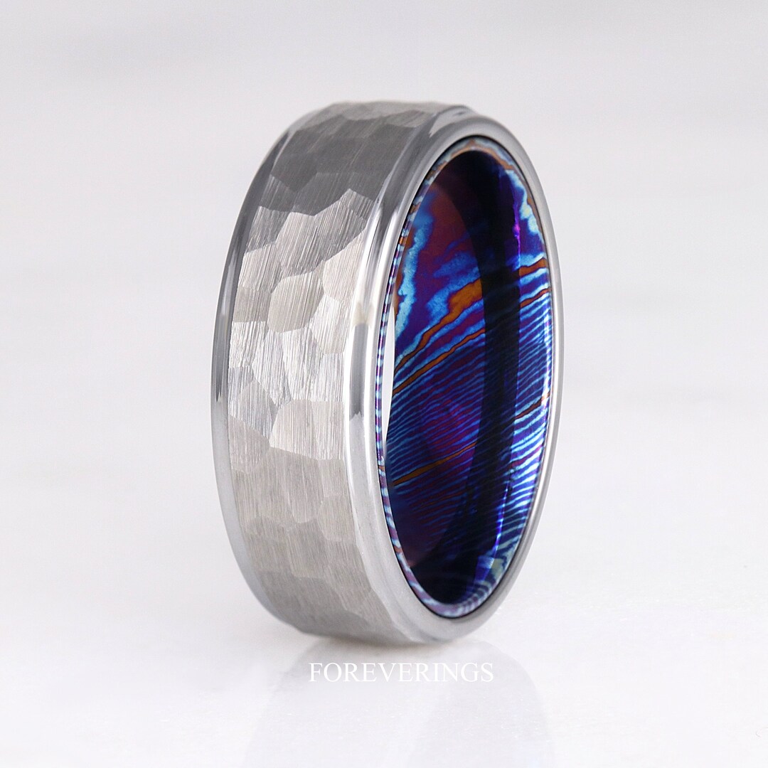 Timascus Hammered Band, Man Wedding Ring, 8mm Silver Tungsten Band ...