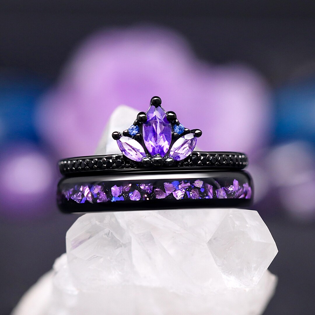 Natural Amethyst Lotus Wedding Ring Set – Unique Engagement & Stacking ...