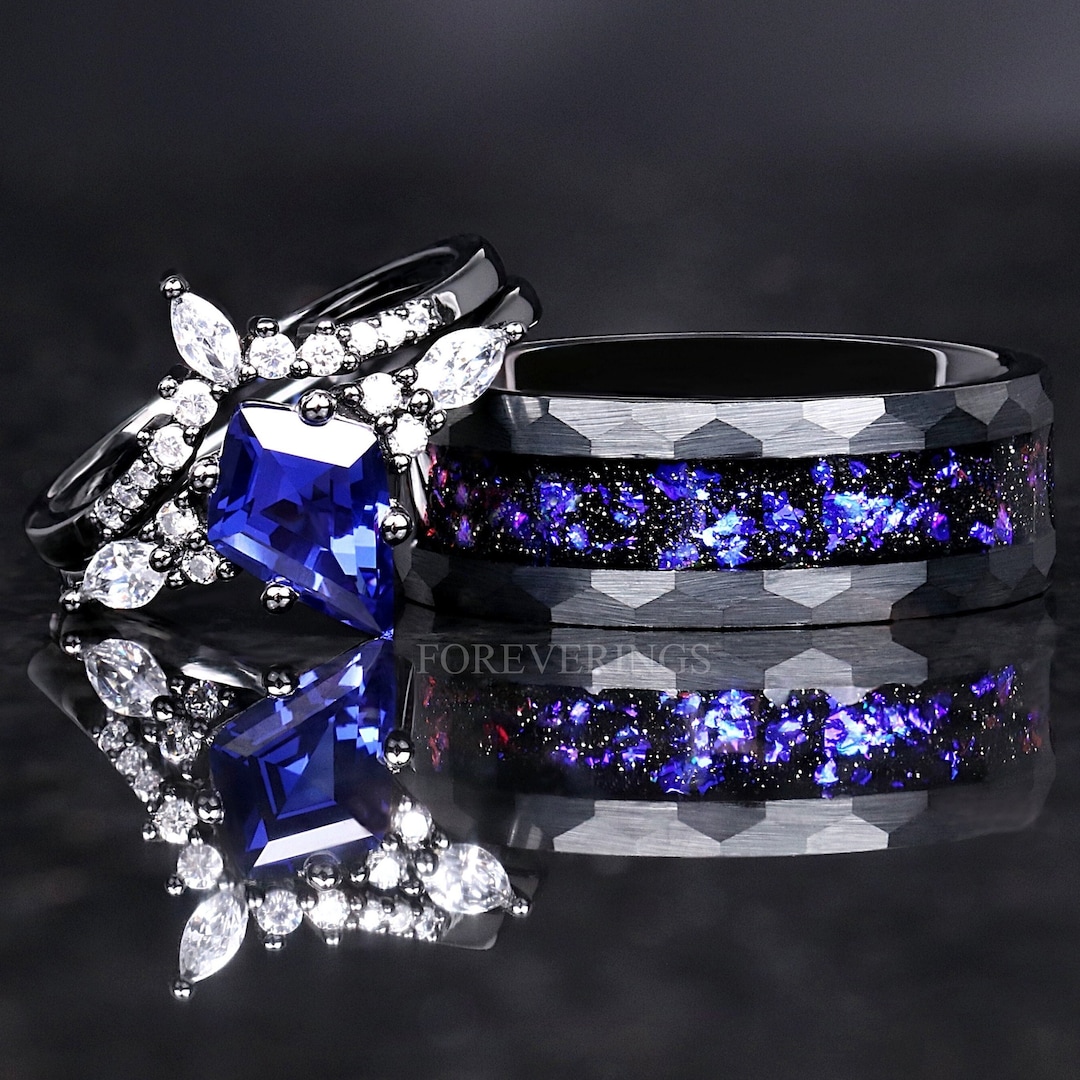 Orion Nebula Ring Set, His and Hers Wedding Band, Sapphire, Black Gold ...