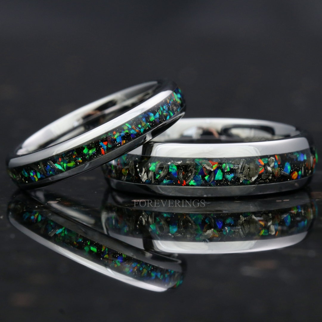 Meteorite and Galaxy Opal Ring Set, His and Hers Tungsten Wedding Bands ...