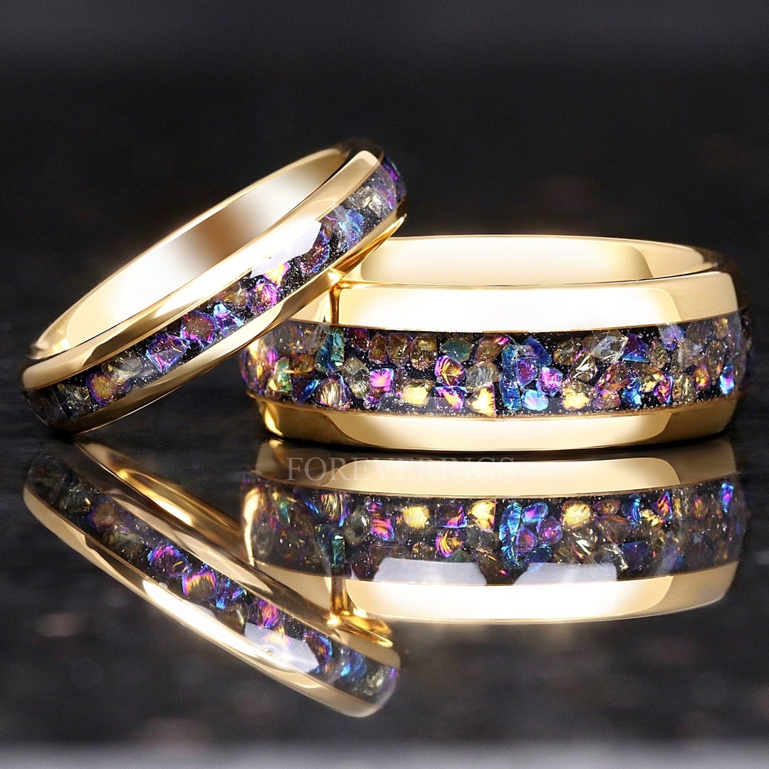 Veil Nebula Ring Set, His and Her Tungsten Wedding Band, 8mm & 4mm Gold ...