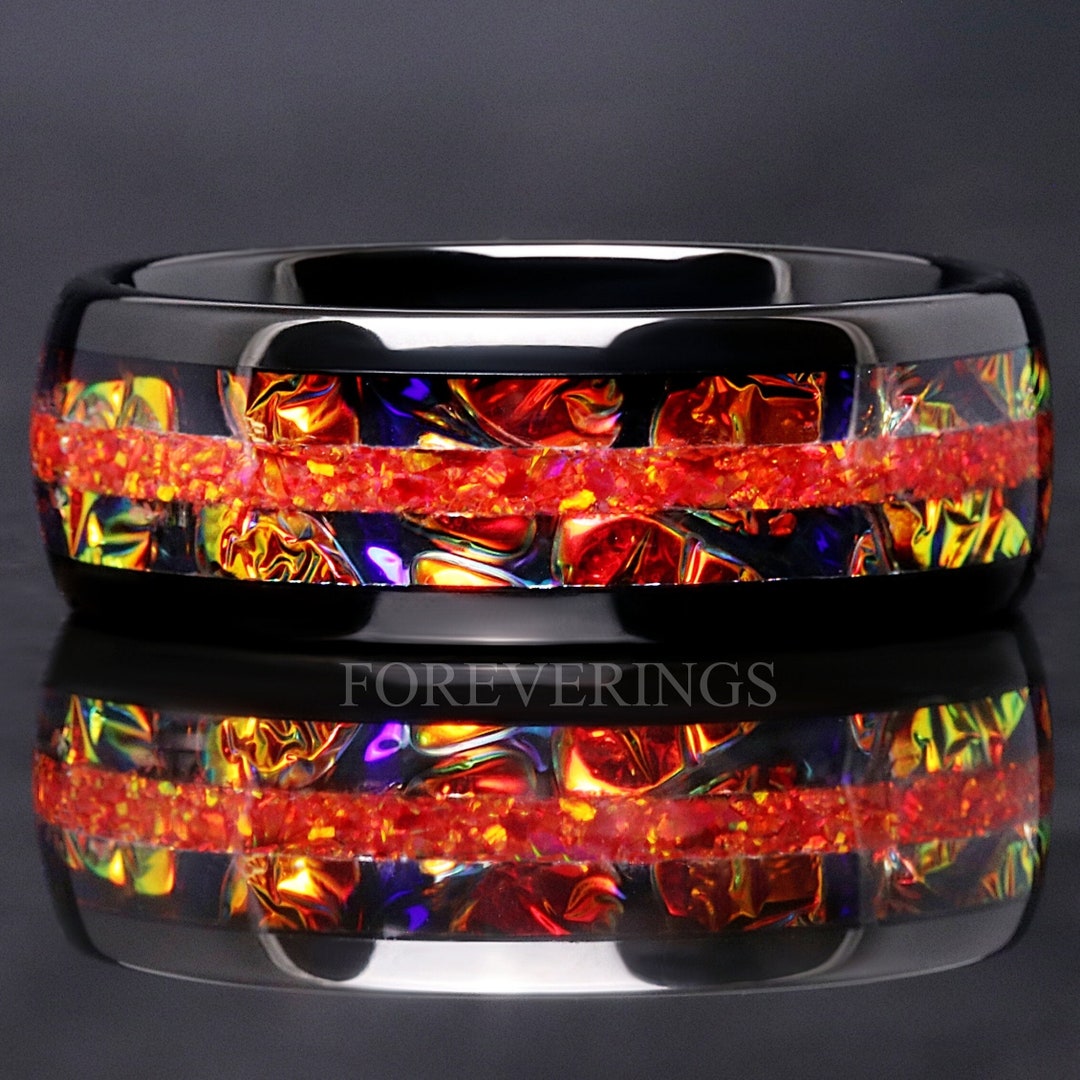Dichrolam Red Fire Opal Tungsten Wedding Band, Man Nebula Ring, Red ...