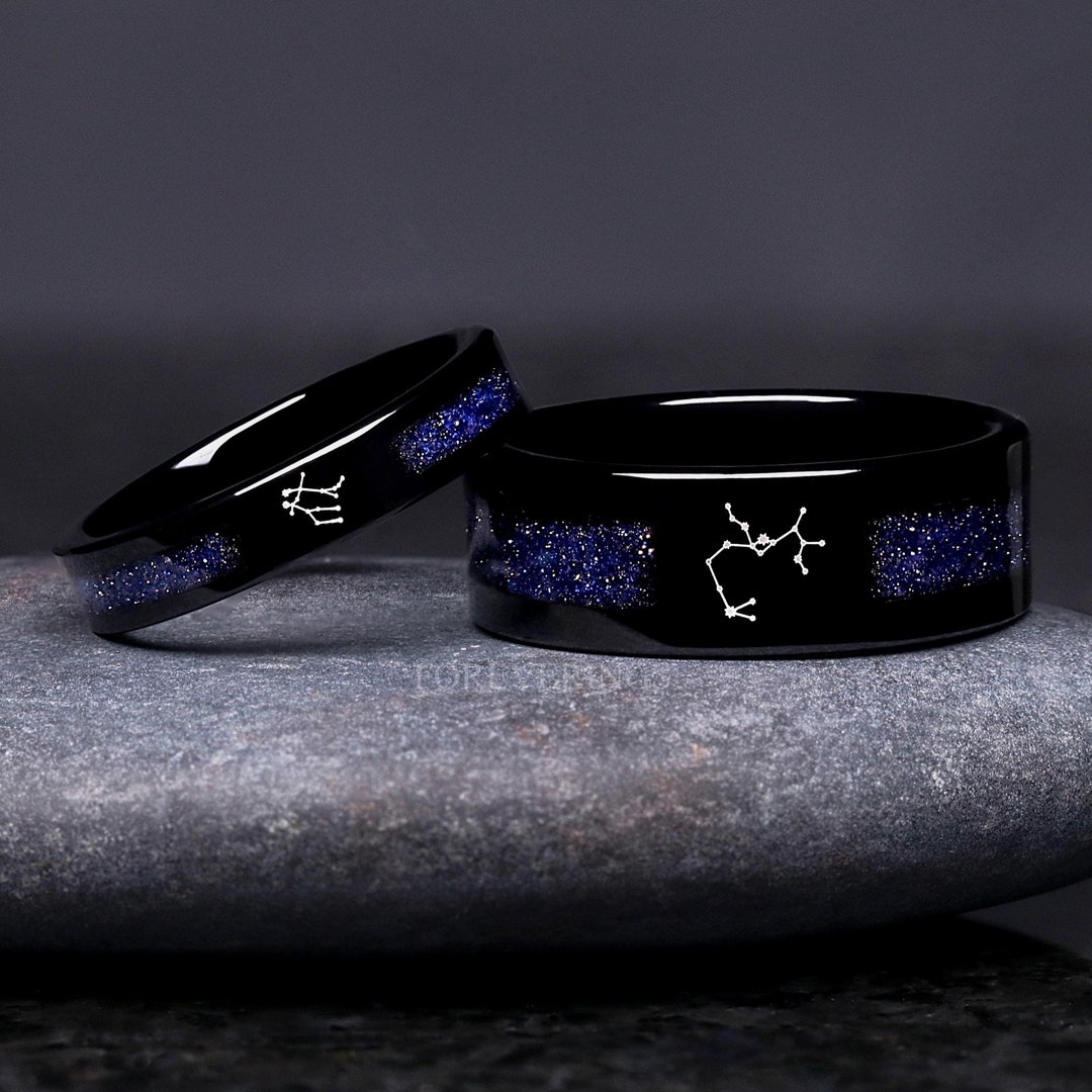 Couples Zodiac Constellation Ring Set, His & Her Wedding Rings, Black ...