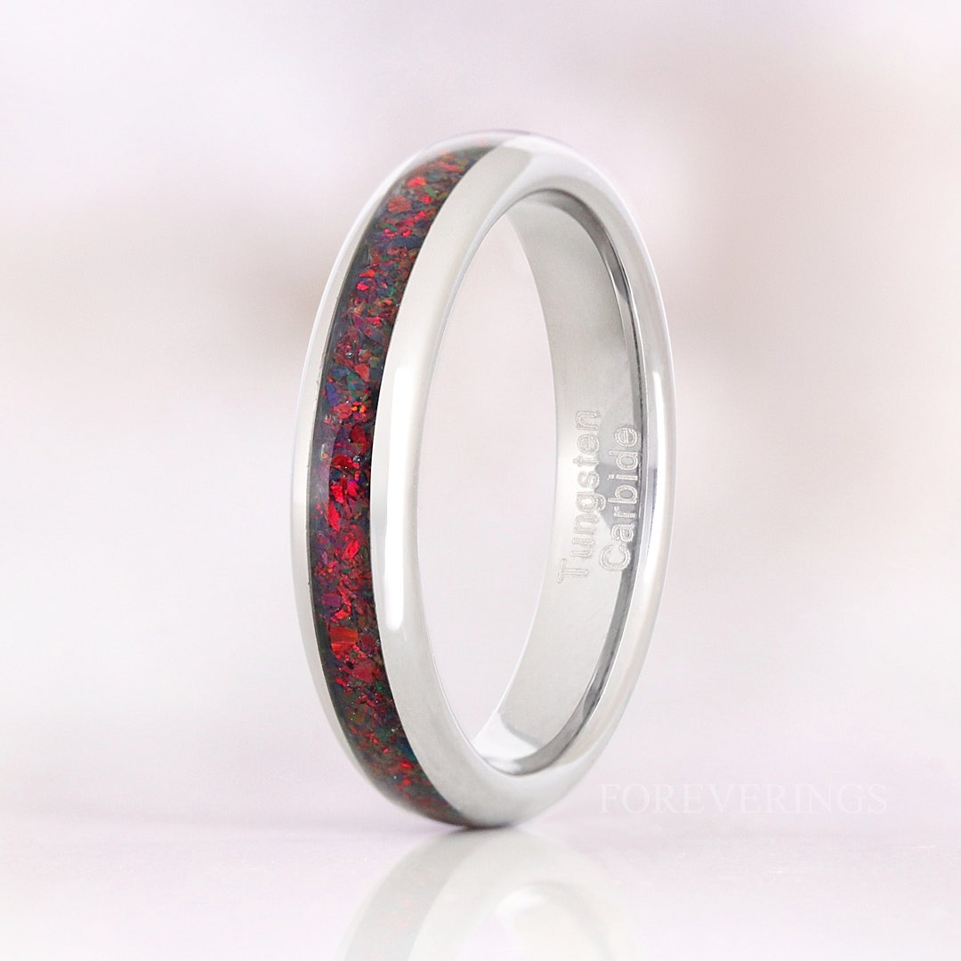 Black Fire Opal Ring Silver Tungsten Wedding Band, 4mm Silver Band ...