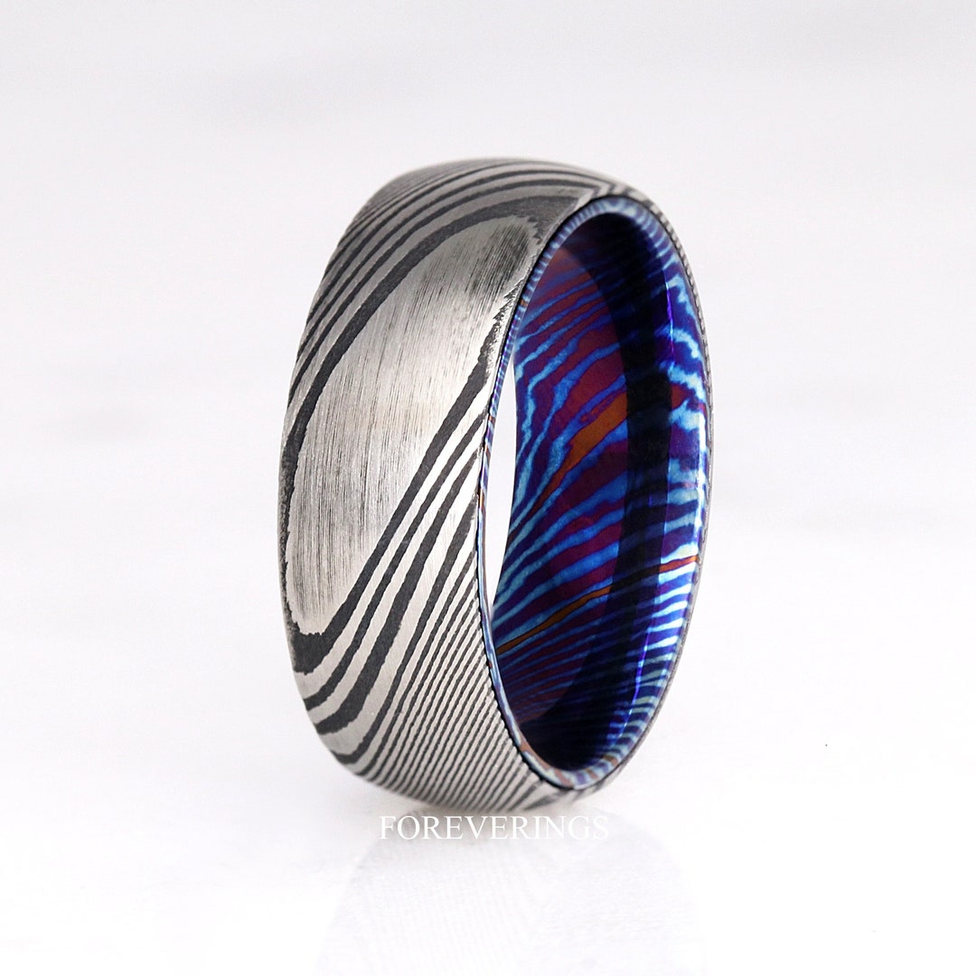 Damascus Steel Band, Man Wedding Ring, Timascus, 8mm Unique Ring for ...
