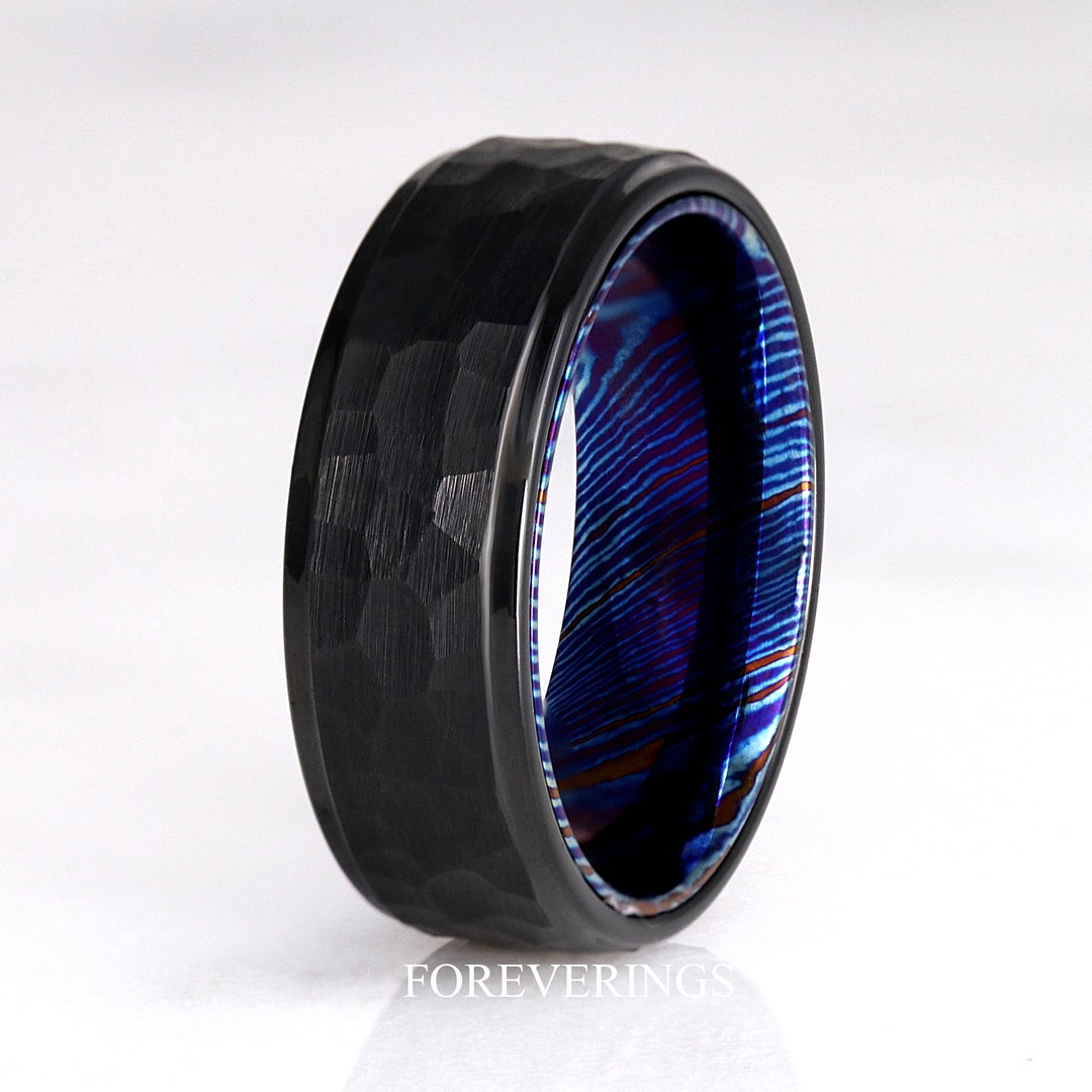 Timascus and Black Tungsten Wedding Band, Matte Brushed Ring, Hammered ...