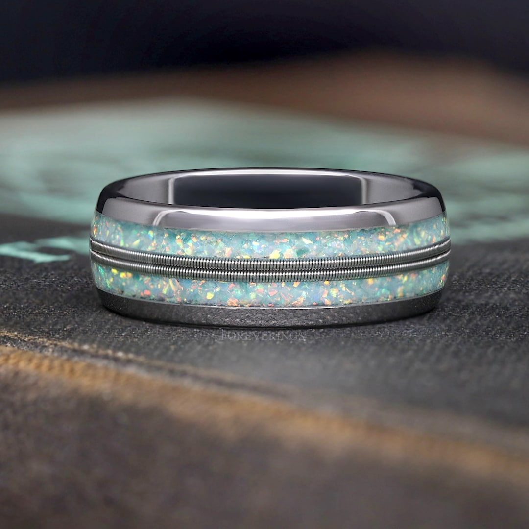 Silver Fire Opal Tungsten Ring - Mens Wedding Band With Guitar String ...
