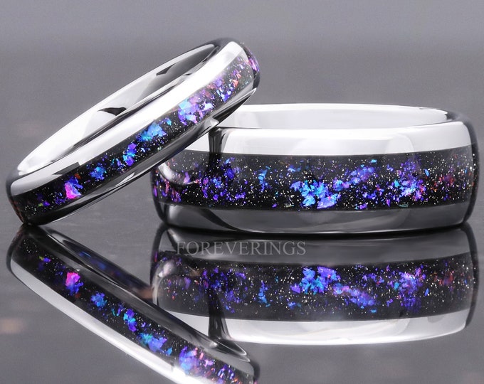 Orion Nebula Ring Set, His and Her Tungsten Wedding Band, 8mm & 4mm ...
