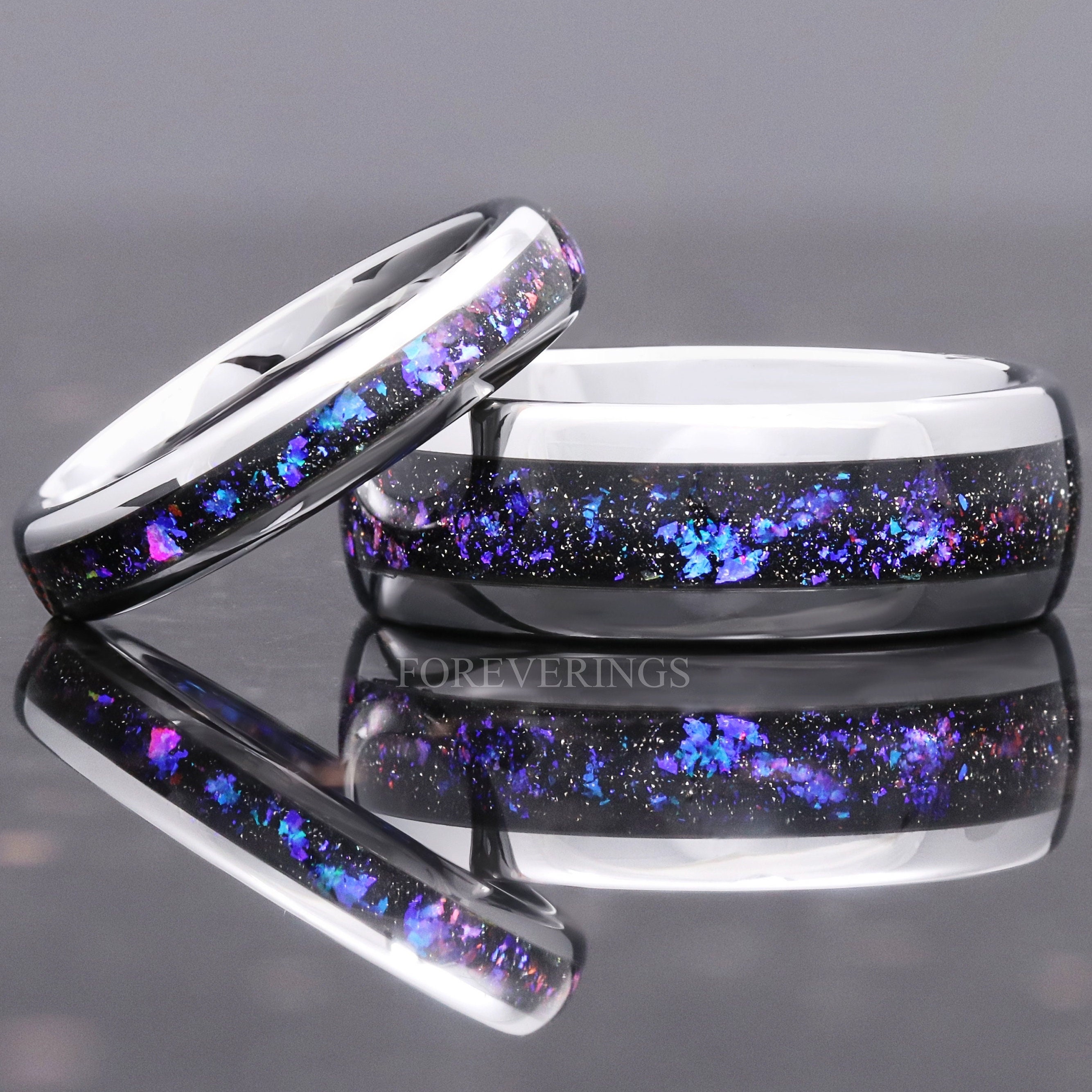 Orion Nebula Ring Set, His and Her Tungsten Wedding Band, 8mm & 4mm ...