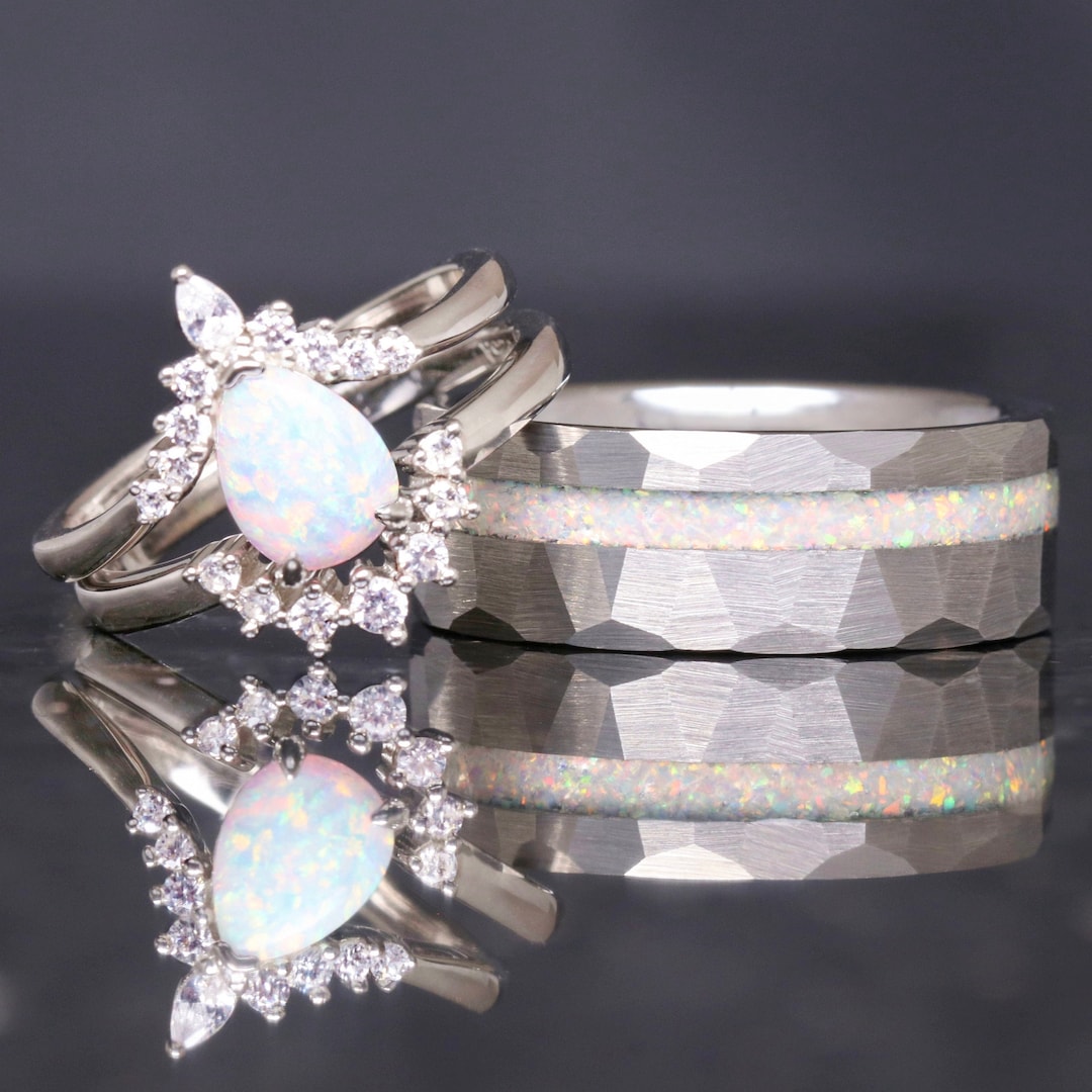 His and Hers White Fire Opal Ring Set, Matching Opal Ring, Silver Ring Set, Hammered Tungsten ...