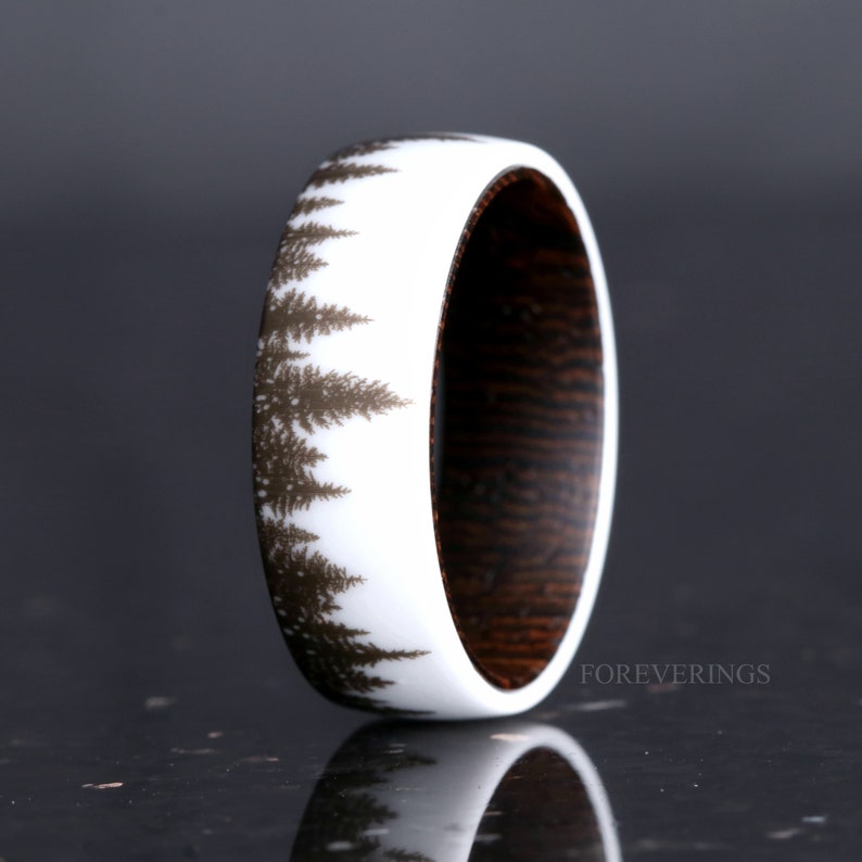 Men White Forest Tree Ring With Dark Wood, Mens Wedding Band, 8mm-6mm ...