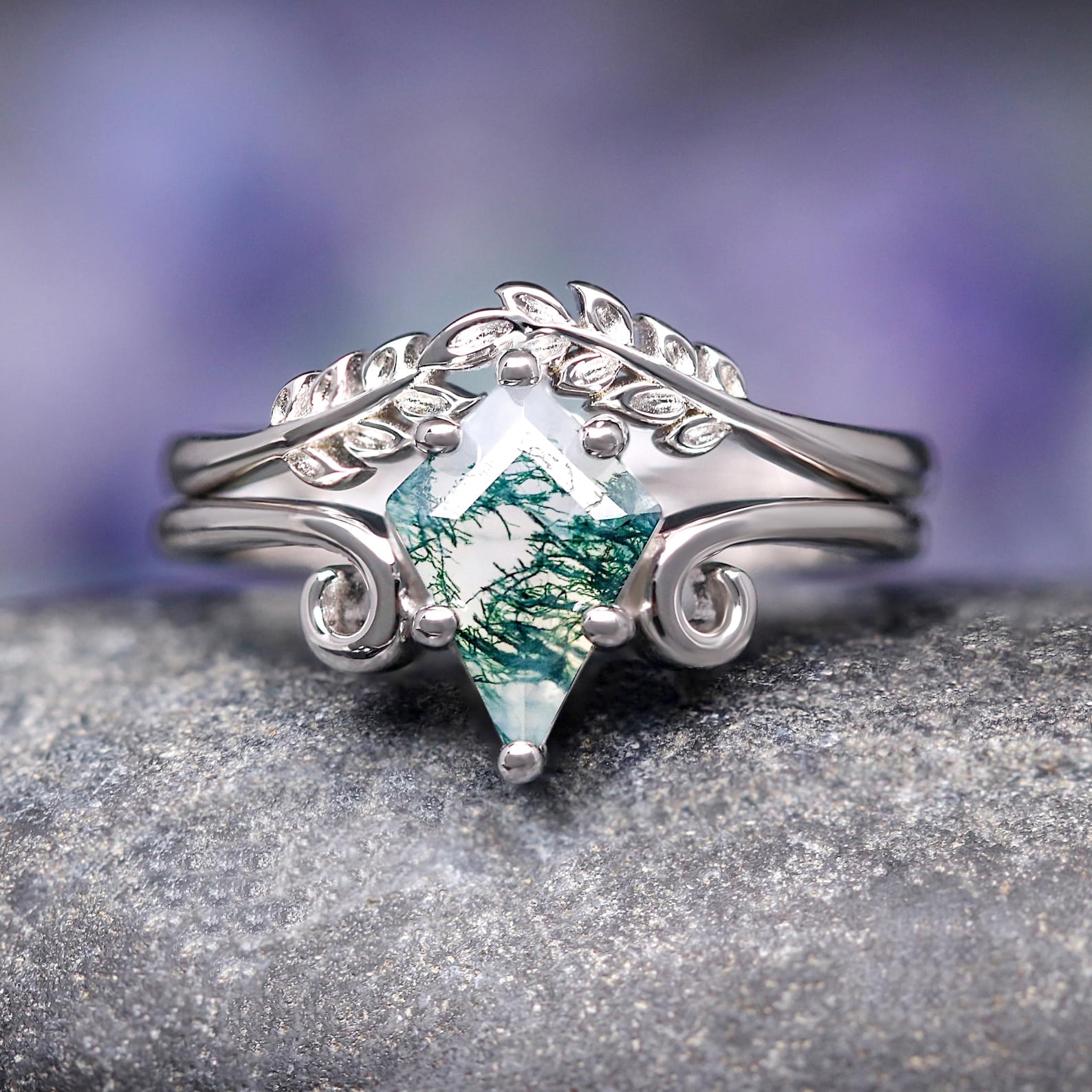 Leafy Green Moss Agate Wedding Ring, Womens Unique Engagement Ring Set ...