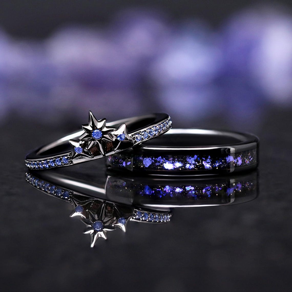 Orion Star Wedding Ring Set, Blue Nebula Sapphire Engagement Rings, His ...