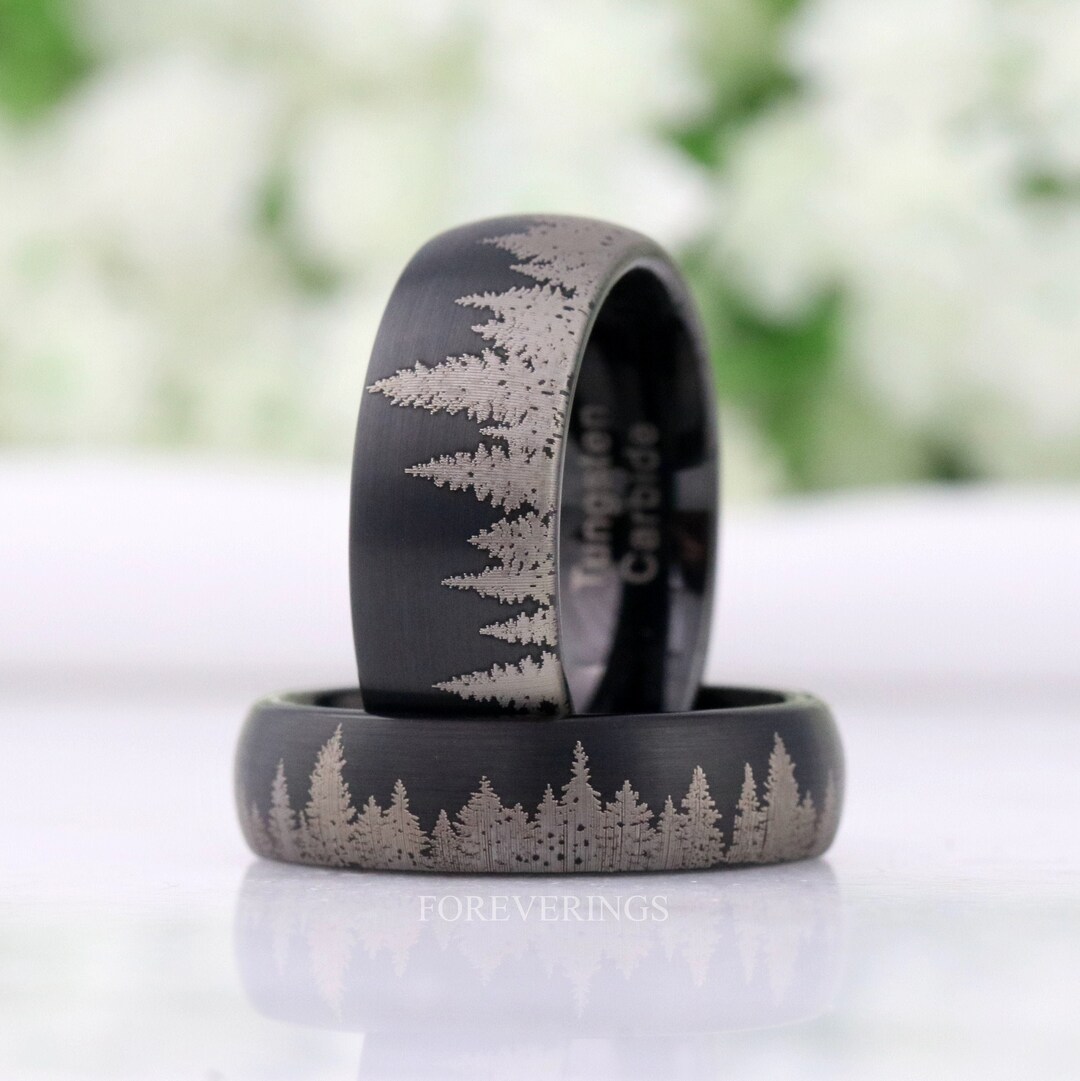 Mens Black Forest Ring, Tree Wedding Band, Matte Black Tungsten Ring ...